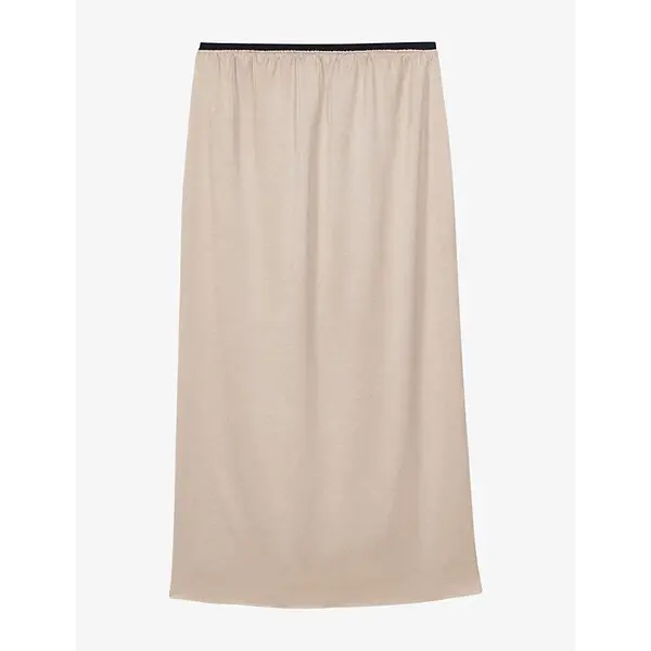Maje Contrast-waist High-rise Satin Pencil Skirt - Beige