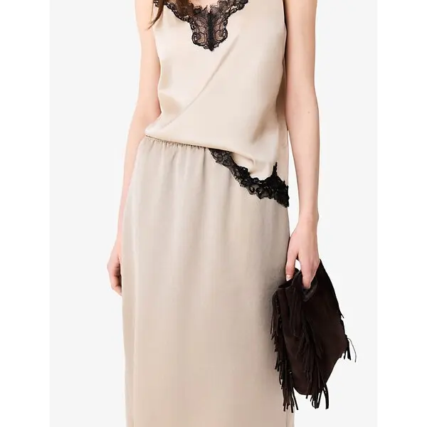 Maje Contrast-waist High-rise Satin Pencil Skirt