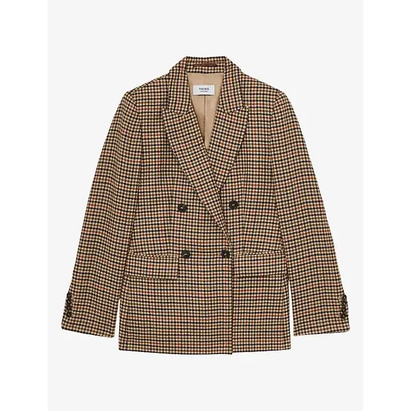 REISS Willow Houndstooth Double-breasted Wool Blazer - Neutral Check