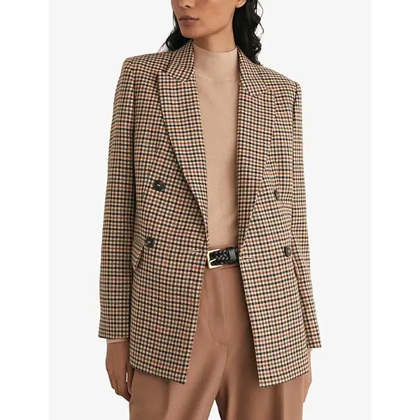 REISS Willow Houndstooth Double-breasted Wool Blazer