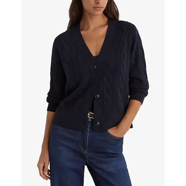 REISS Elloean Cashmere And Wool Cable-knit Cardigan - Navy