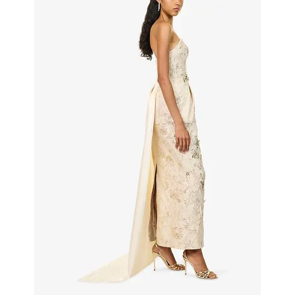 Sabina Bilenko Jacquard Floral Embroidery Corset Maxi Dress With Detachable Train
