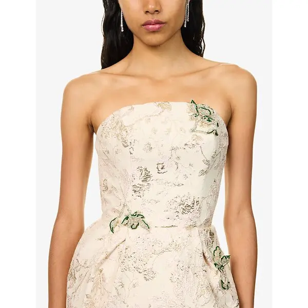 Sabina Bilenko Jacquard Floral Embroidery Corset Maxi Dress With Detachable Train