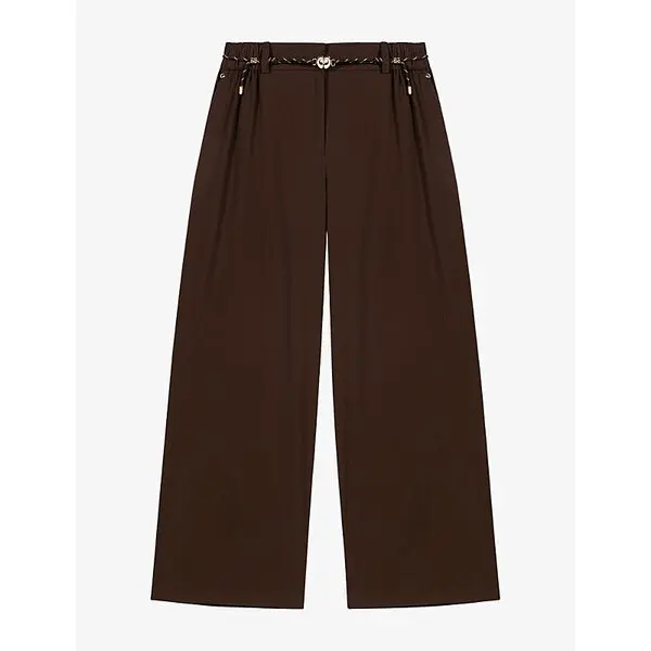 Maje Wide-leg High-rise Stretch Cotton-blend Trousers - Brown