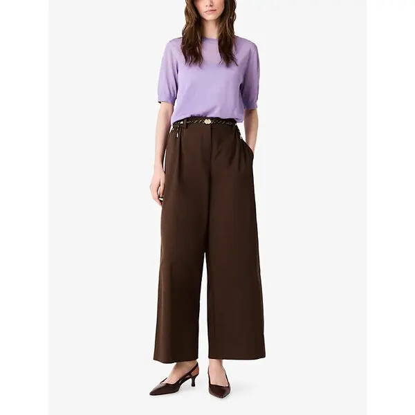 Maje Wide-leg High-rise Stretch Cotton-blend Trousers