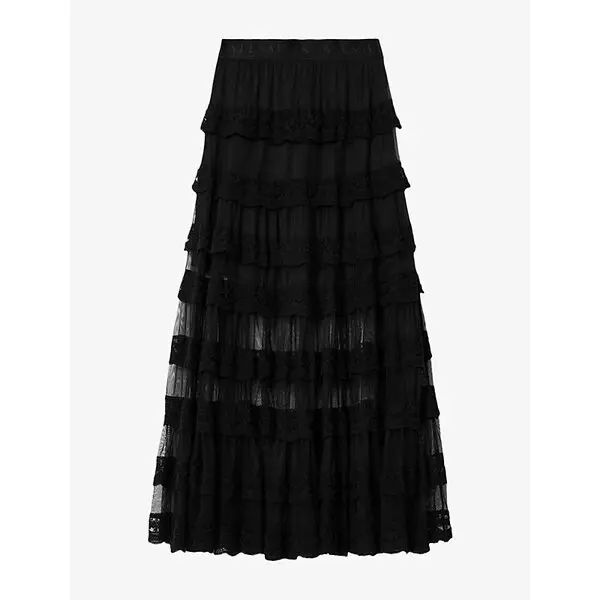 ALLSAINTS Maggie Logo-waist Tiered Woven Maxi Skirt - Black