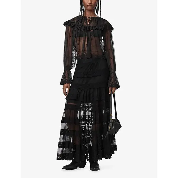 ALLSAINTS Maggie Logo-waist Tiered Woven Maxi Skirt