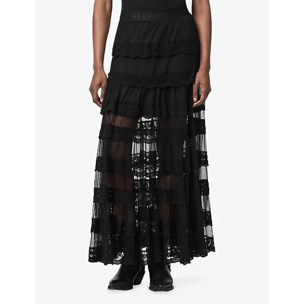 ALLSAINTS Maggie Logo-waist Tiered Woven Maxi Skirt