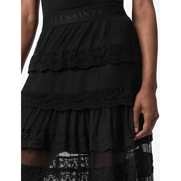 ALLSAINTS Maggie Logo-waist Tiered Woven Maxi Skirt