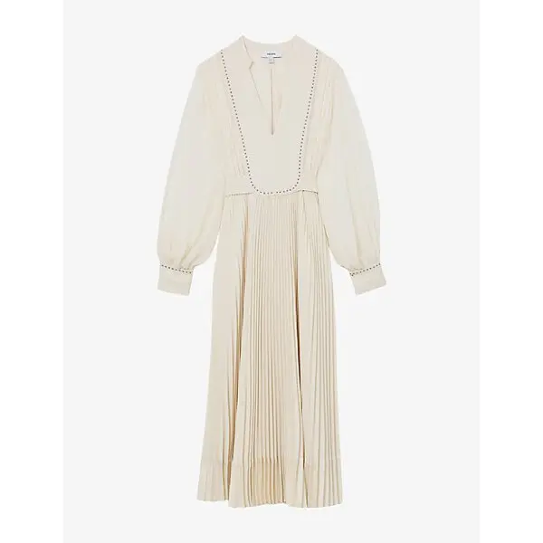 REISS Millie Stud-detail Pleated Woven Midi Dress - Cream