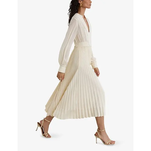REISS Millie Stud Detail Pleated Midi Dress