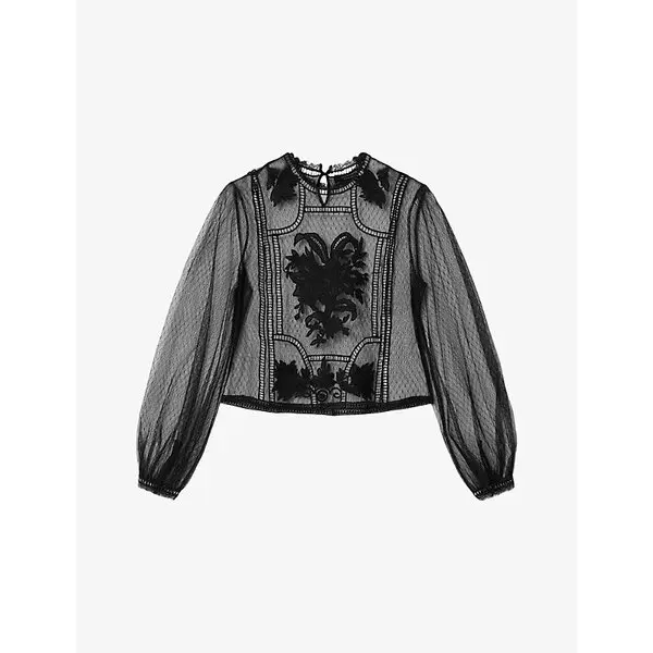 ALLSAINTS Cesca Embroidered Long-sleeve Sheer Woven Top - Black