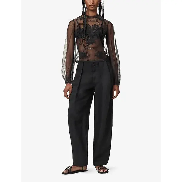 ALLSAINTS Cesca Embroidered Long-sleeve Sheer Woven Top