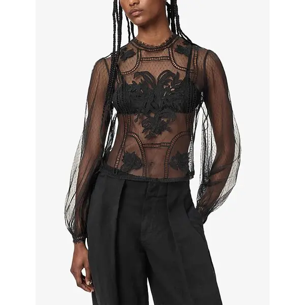 ALLSAINTS Cesca Embroidered Long-sleeve Sheer Woven Top