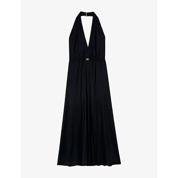 Maje Backless Halter-neck Stretch-woven Maxi Dress - Navy