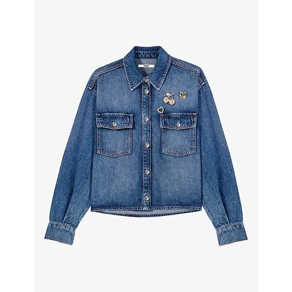 Maje Brooch-embellished Regular-fit Denim Jacket - Blue