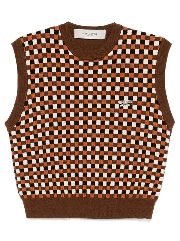 GOLDEN GOOSE Roby Vest In Checked Wool Knit - Brown