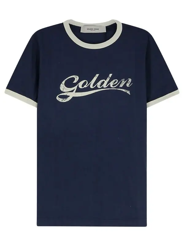 GOLDEN GOOSE Cotton T-shirt With Golden Print - Blue