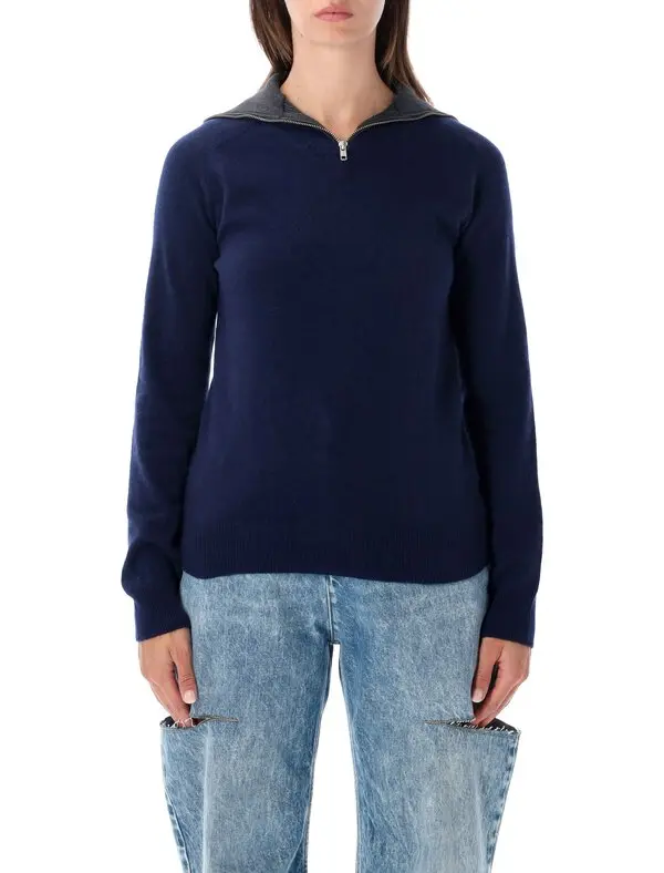 MAISON MARGIELA Zip-neck Wool Blend Sweater - Navy Grey