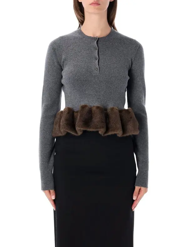 Stella McCartney Wool Blend Peplum Sweater With Eco-fur Hem And Partial Button Placket