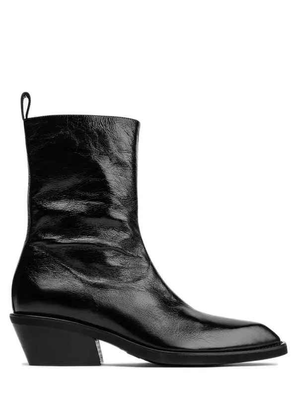 POEVE Ankle Boots In Soft Crinkled Shiny Leather With 50 Mm Angled Cuban Heel And Side Zip - Nero
