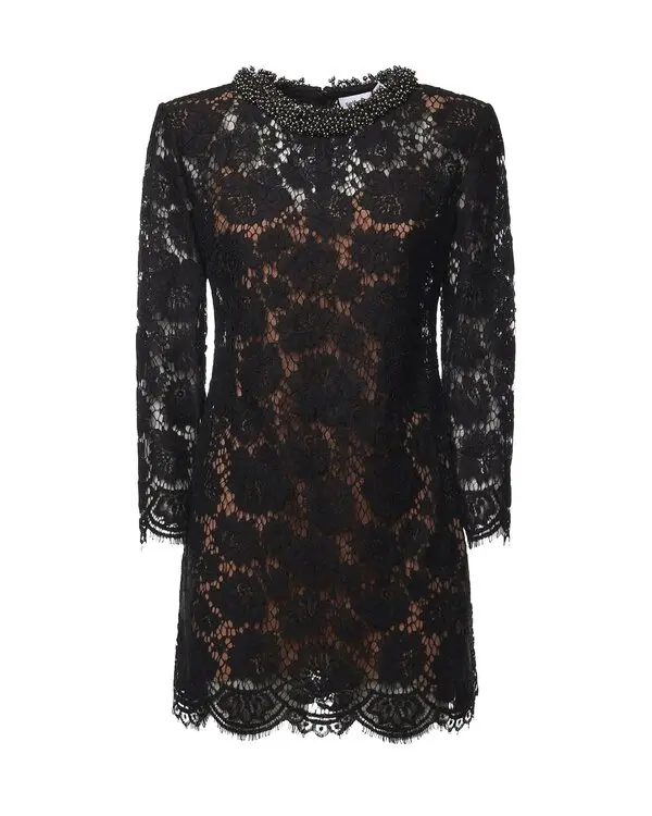 SELF-PORTRAIT Long Sleeve Lace Mini Dress With Embellished Neckline - Black