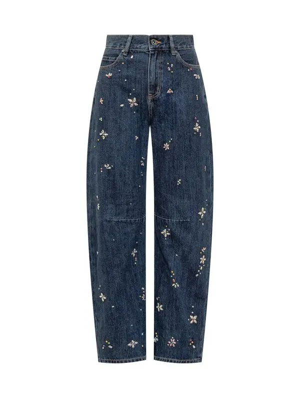 SELF-PORTRAIT Embroidered Utility Jeans With Pleated Detailing