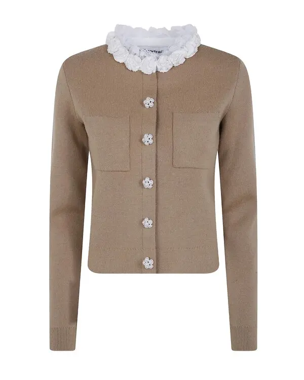 SELF-PORTRAIT Ruffle Collar Button-front Cardigan Sweater - Brown