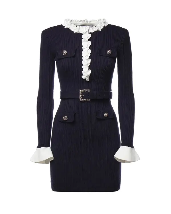 SELF-PORTRAIT Floral Trim Ribbed Knit Mini Dress With Belt - Navy