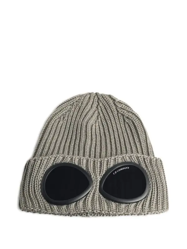 C.P. COMPANY Cuffed Ribbed Knit Beanie With Goggle Lenses, 100% Wool Made In Italy - Verde