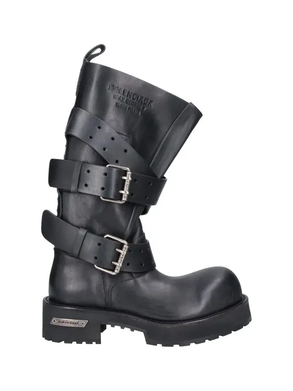 Balenciaga Leather Buckle Strap Moto Boots - Black