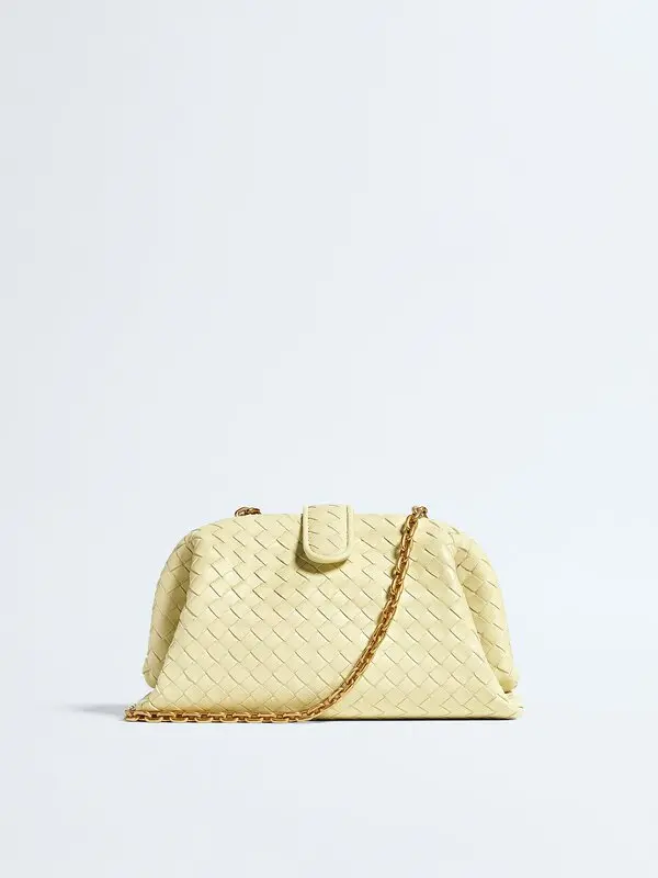 Bottega Veneta Mini Intrecciato Leather Clutch With Crossbody Chain, Brass Hardware - Giallo