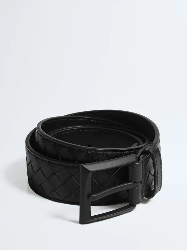Bottega Veneta Braided Calfskin Belt With 3 Cm Width And Metal Prong Buckle - Nero