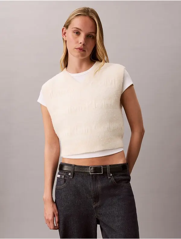Calvin Klein Wool Blend Textured Logo Sweater Vest - Tofu