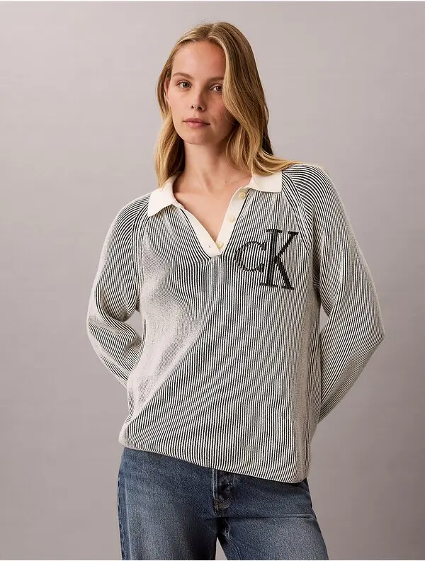 Calvin Klein Bicolor Rib Monogram Polo Sweater - Black Combo