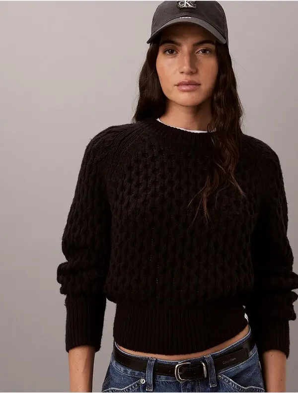 Calvin Klein Merino Wool Blend Cable Knit Sweater - Black