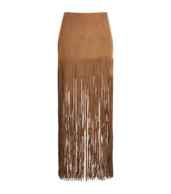 TOCCIN Faux Leather Fringe Soren Midi Skirt - Brown