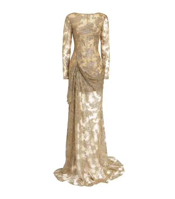 SANDRA MANSOUR Embellished Long-sleeve Gown - Gold