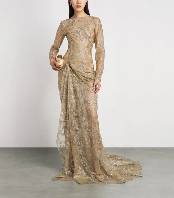 SANDRA MANSOUR Embellished Long-sleeve Gown