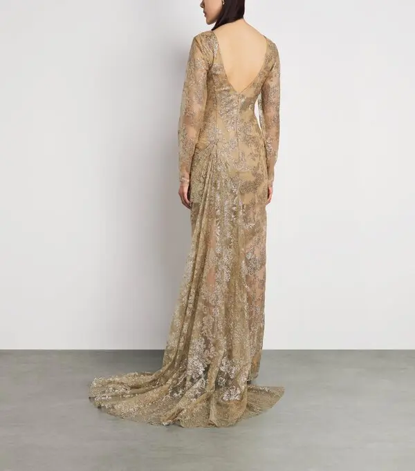 SANDRA MANSOUR Embellished Long-sleeve Gown