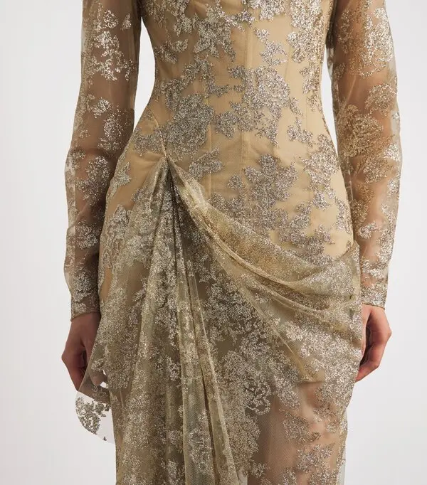 SANDRA MANSOUR Embellished Long-sleeve Gown