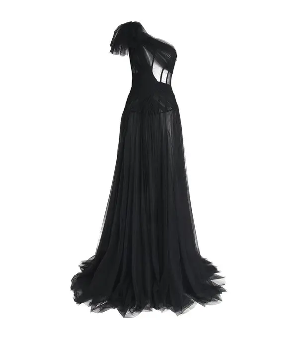 SANDRA MANSOUR Tulle One-shoulder Gown