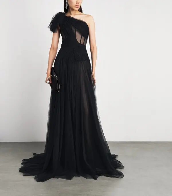 SANDRA MANSOUR Tulle One-shoulder Gown