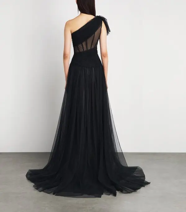 SANDRA MANSOUR Tulle One-shoulder Gown