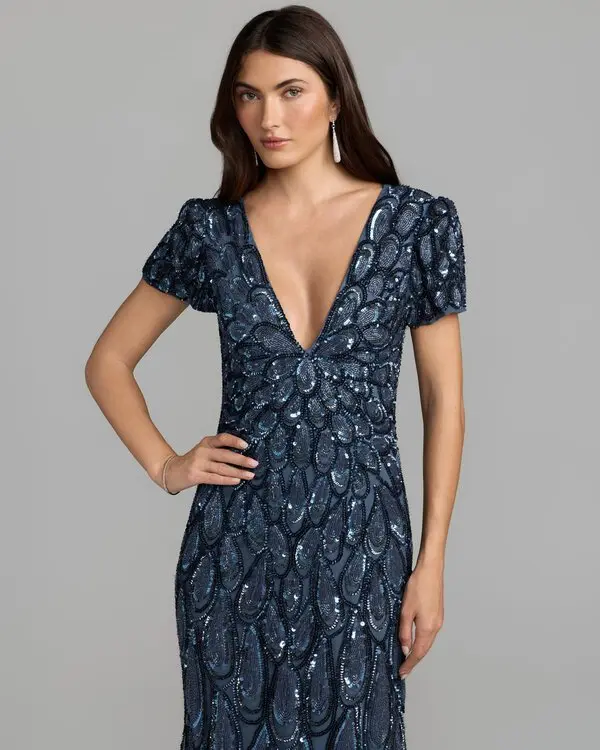 Mac Duggal Blue Embellished Deep V Column Gown