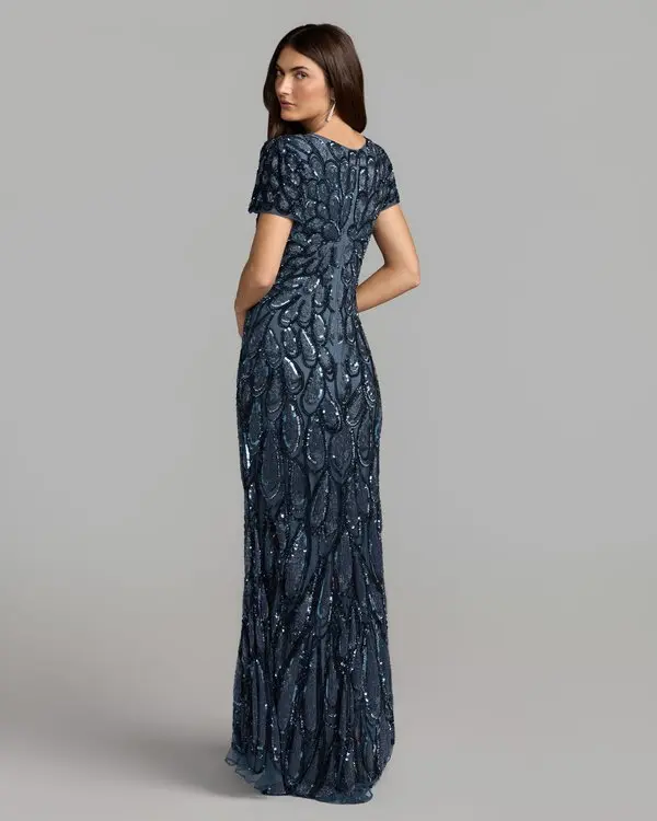 Mac Duggal Blue Embellished Deep V Column Gown