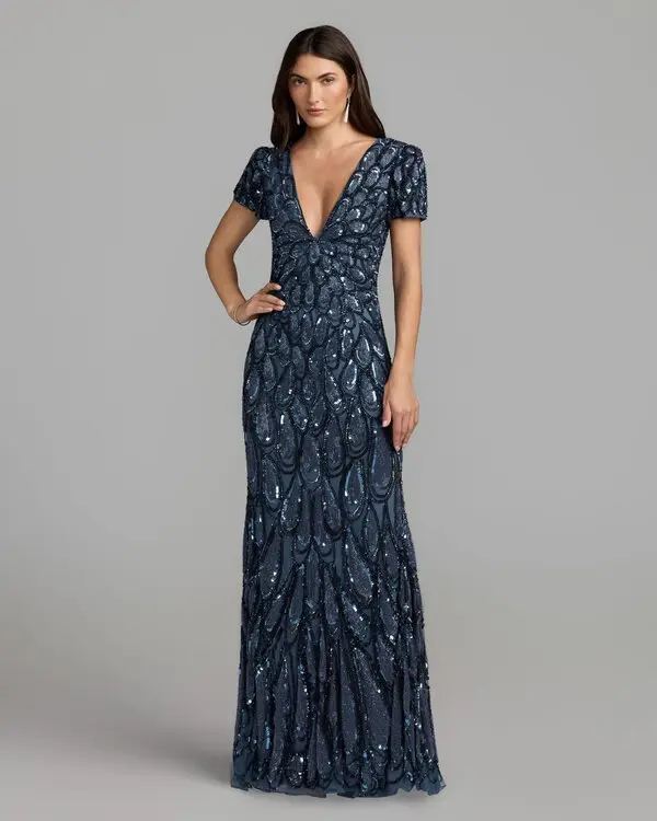 Mac Duggal Blue Embellished Deep V Column Gown