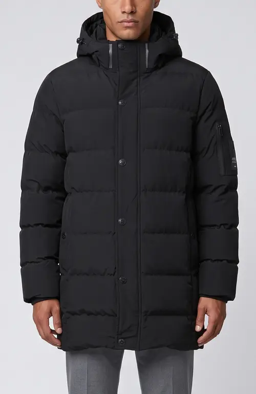 POINT ZERO Long Hooded Puffer Jacket With Sleeve Pocket - Black