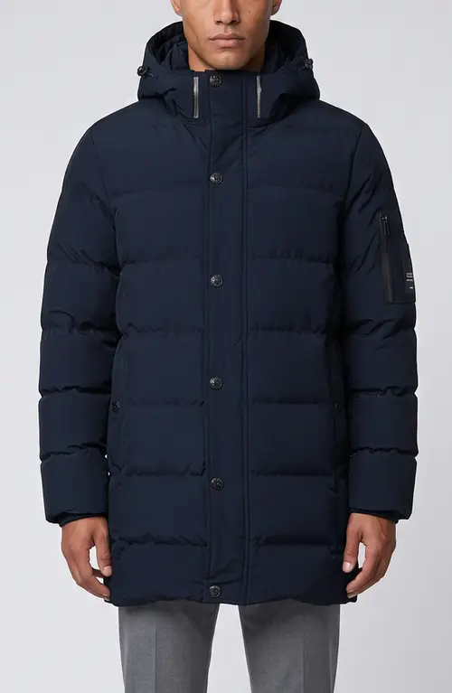 POINT ZERO Long Hooded Puffer Jacket With Sleeve Pocket - Navy