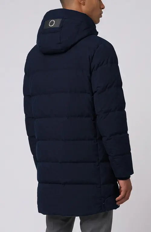POINT ZERO Long Hooded Puffer Jacket With Sleeve Pocket - Navy